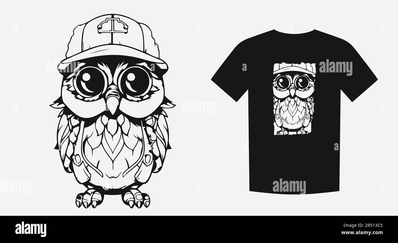 Intense monochrome cartoon of a wise owl. Ideal for prints, shirts, and ...