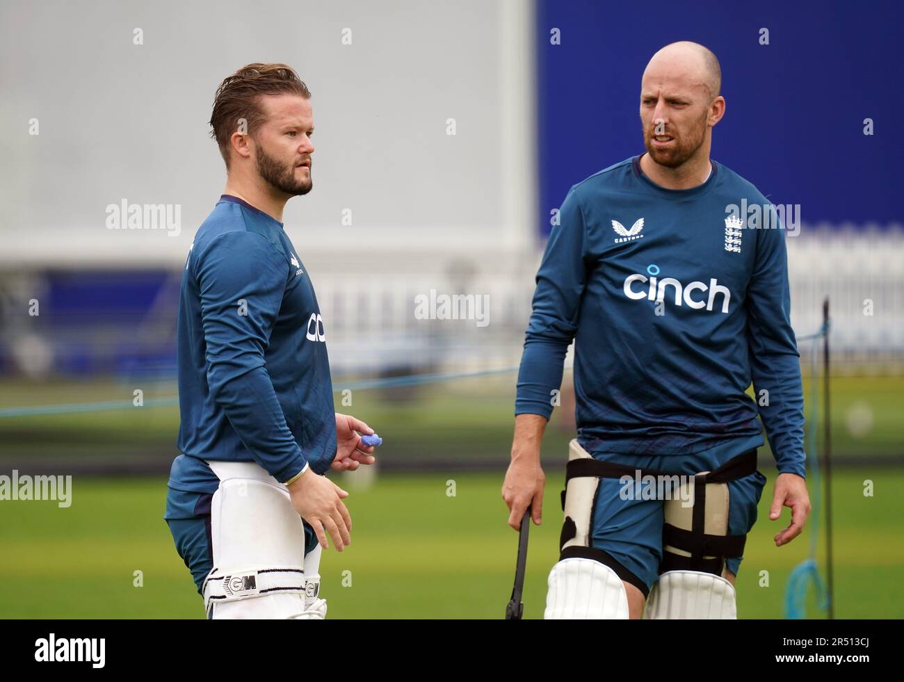 England's Ben Duckett and Jack Leach (right) during a nets session at ...