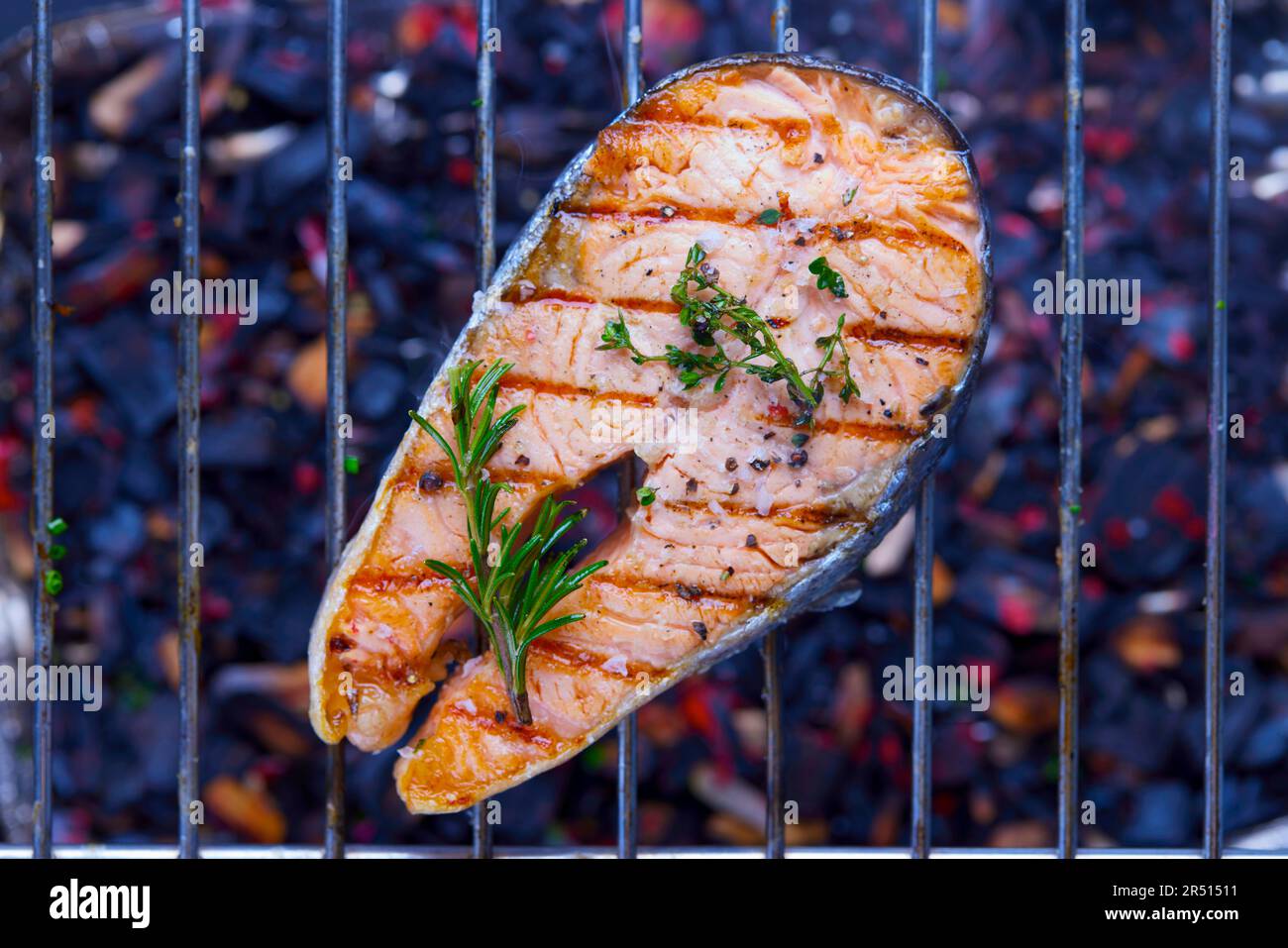 Grilled salmon cutlet on grill rack Stock Photo - Alamy