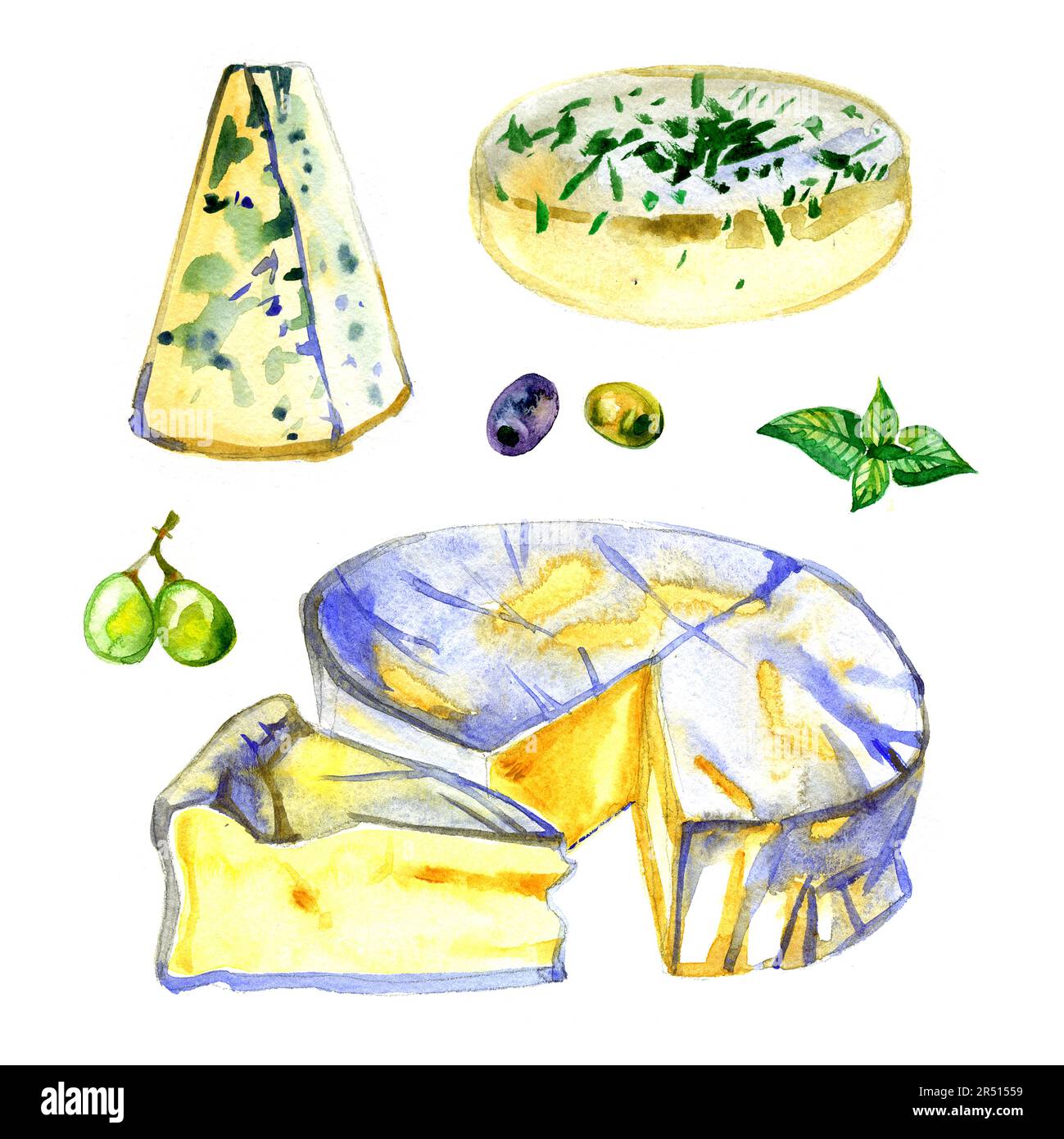 Watercolor milk cheese set on white background Stock Photo - Alamy