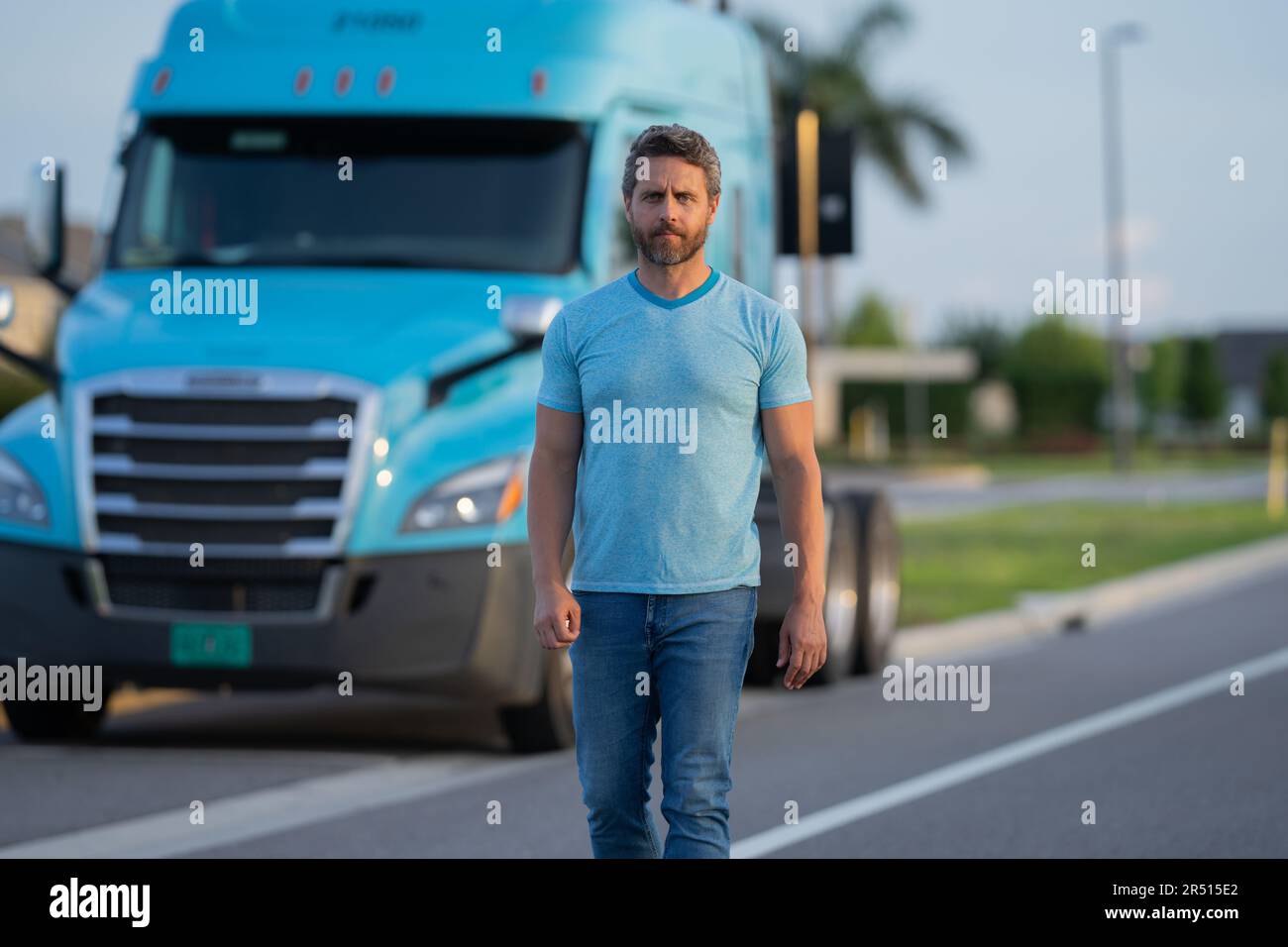 Men driver near lorry truck. Man owner truck . Serious middle aged man ...