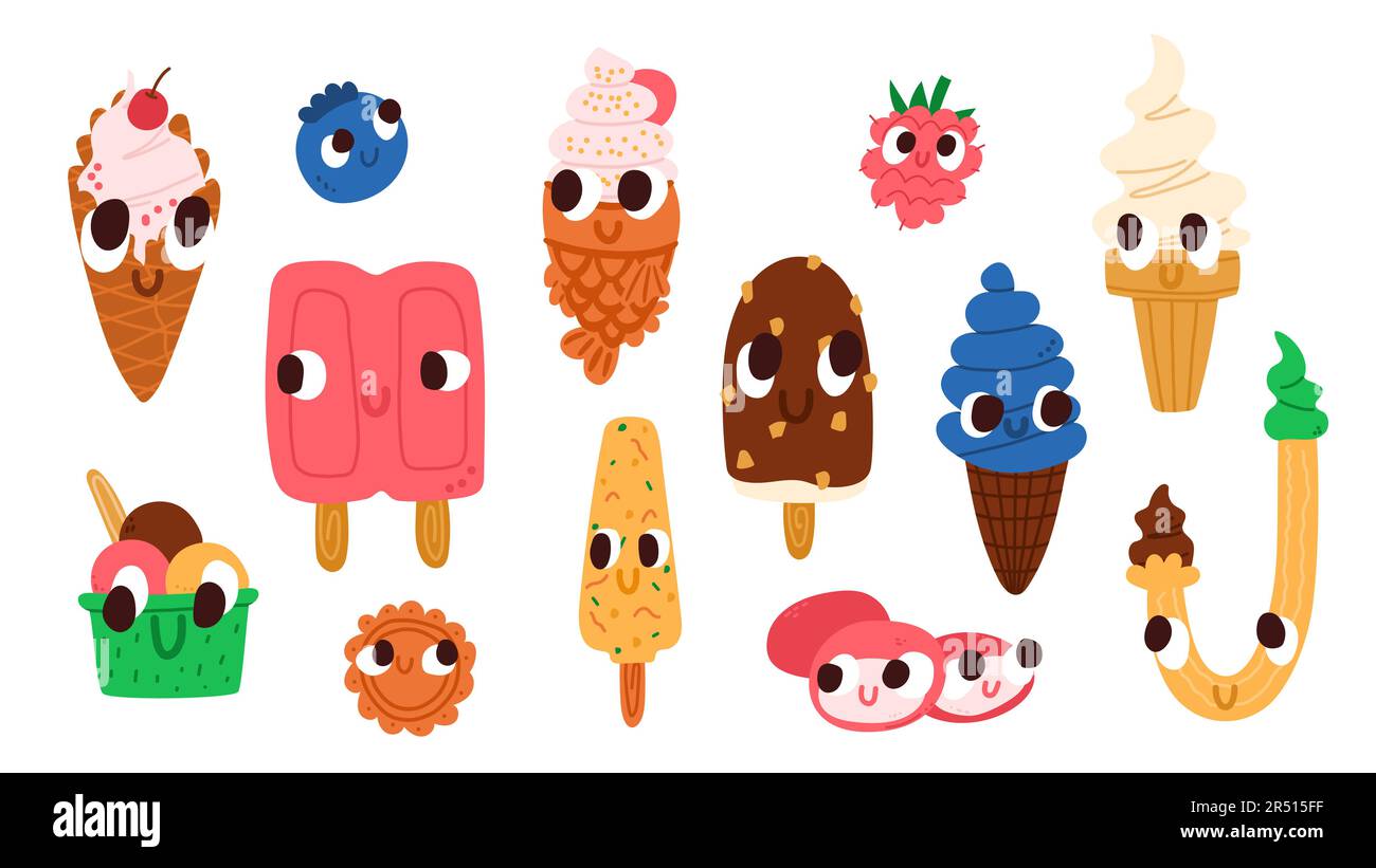 Set of funny various ice cream characters. Vector cartoon illustrations ...