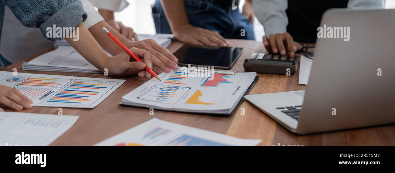 Panoramic shot office worker team analyze dashboard paper and financial ...