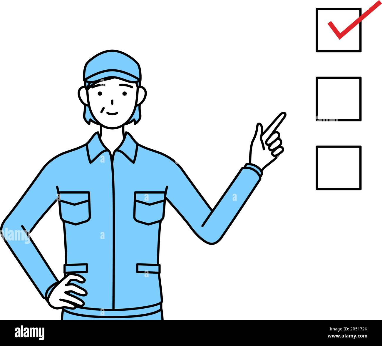 Senior woman in hat and work clothes pointing to a checklist, Vector ...