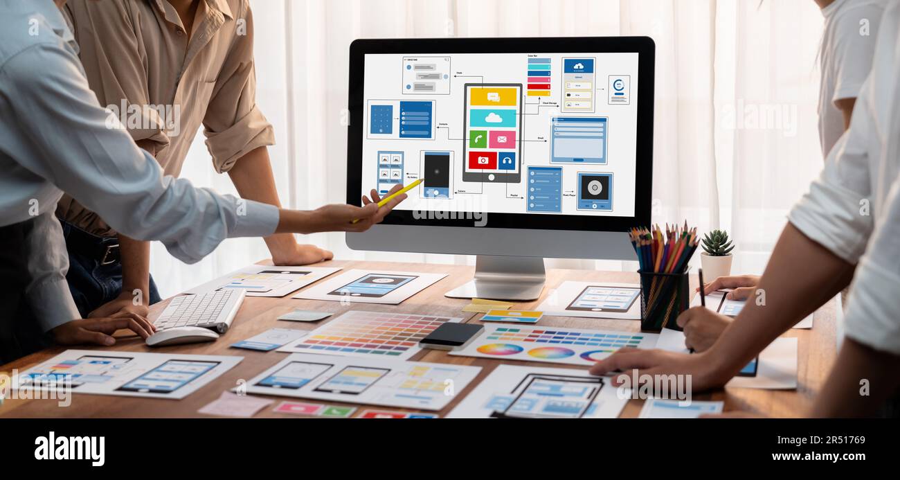 Panorama shot of front-end developer team brainstorming UI and UX ...