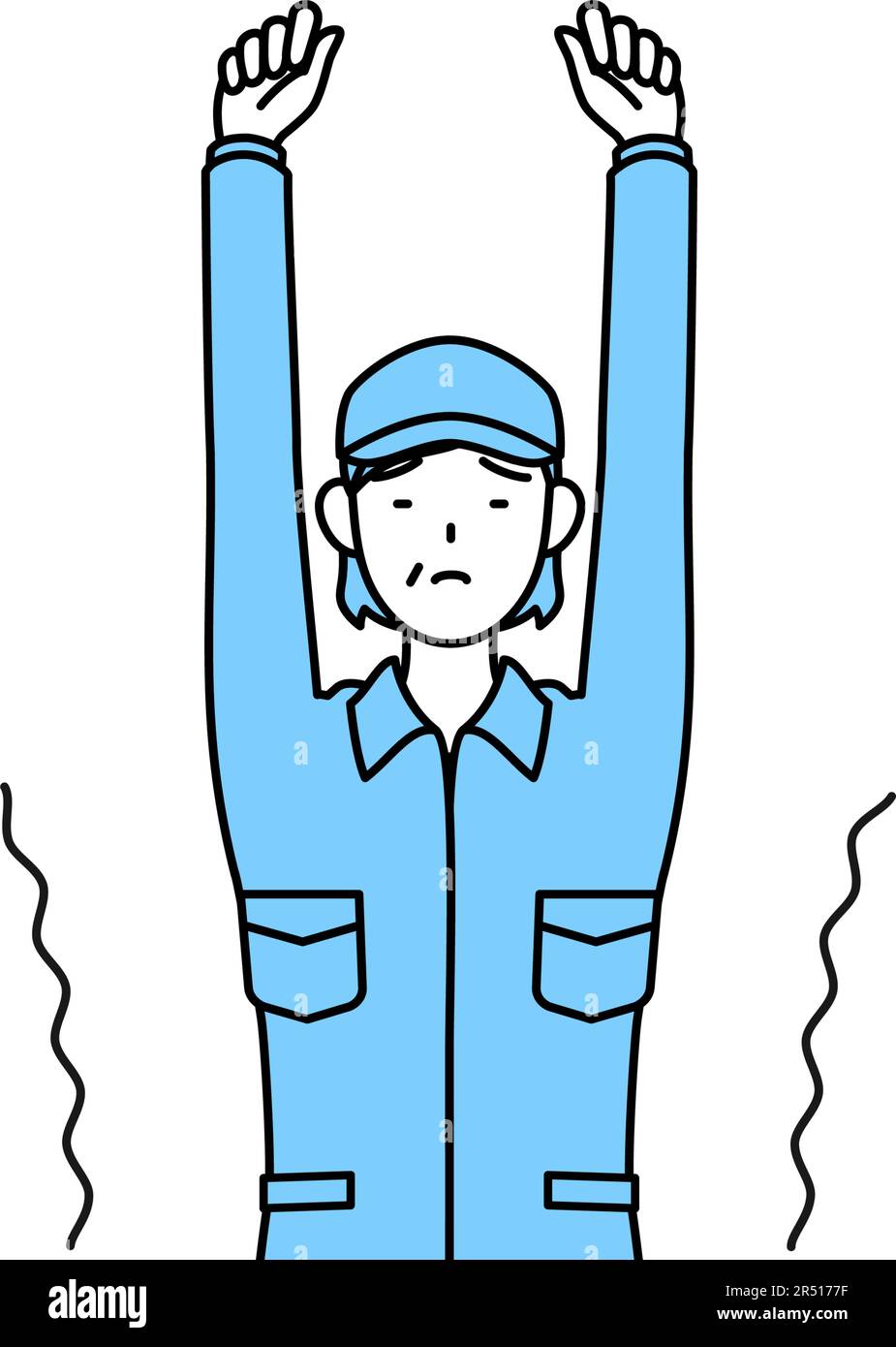 Senior woman in hat and work clothes stretching and standing tall ...