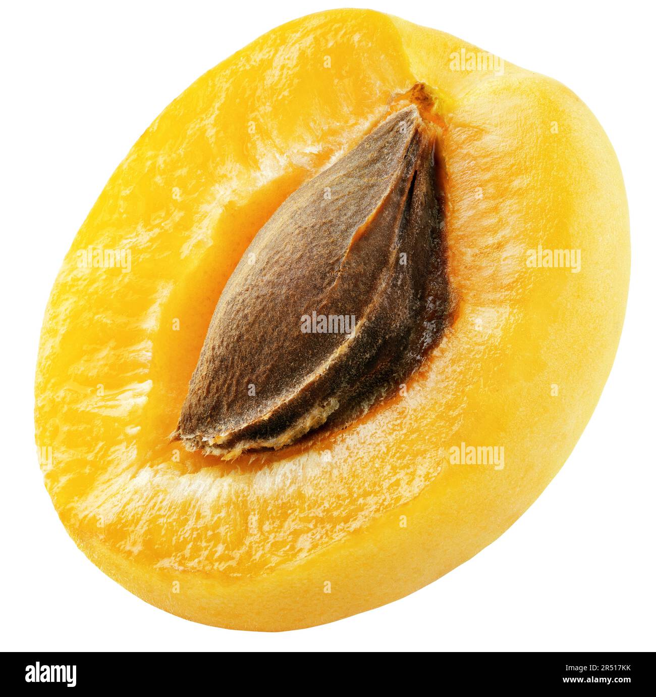Apricot half or yellow plum with kernel isolated on white background ...
