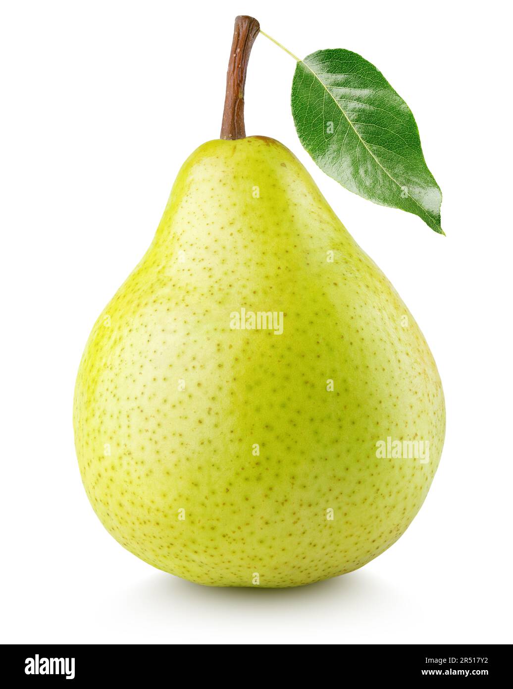 Green yellow pear fruit with leaf isolated on white background with ...