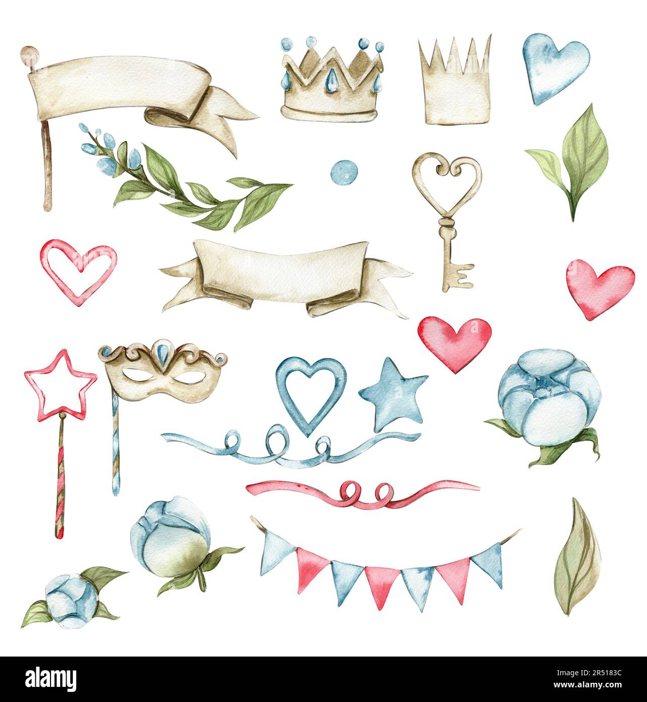 Watercolor hand painted party celebration elements. Crown, hearts,roses ...