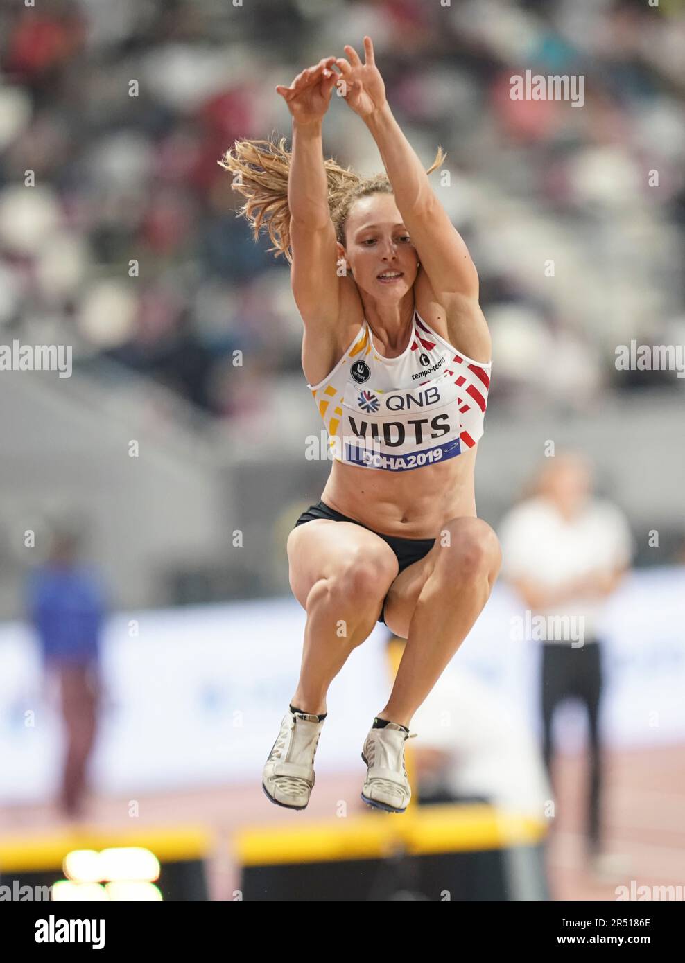 Noor Vidts in the triple jump in the heptathlon at the Doha 2019 World ...