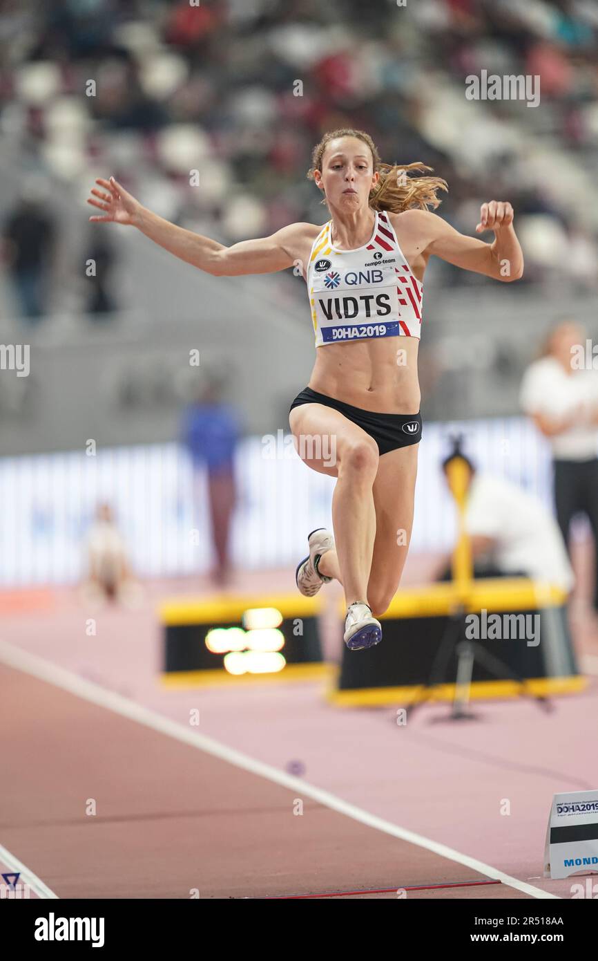 Noor Vidts in the triple jump in the heptathlon at the Doha 2019 World ...