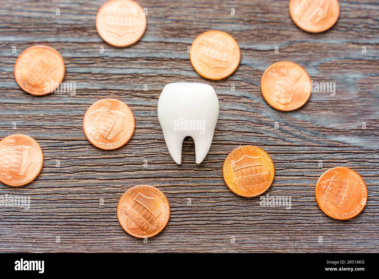 White human tooth model placed among one cent coins on a wooden table ...