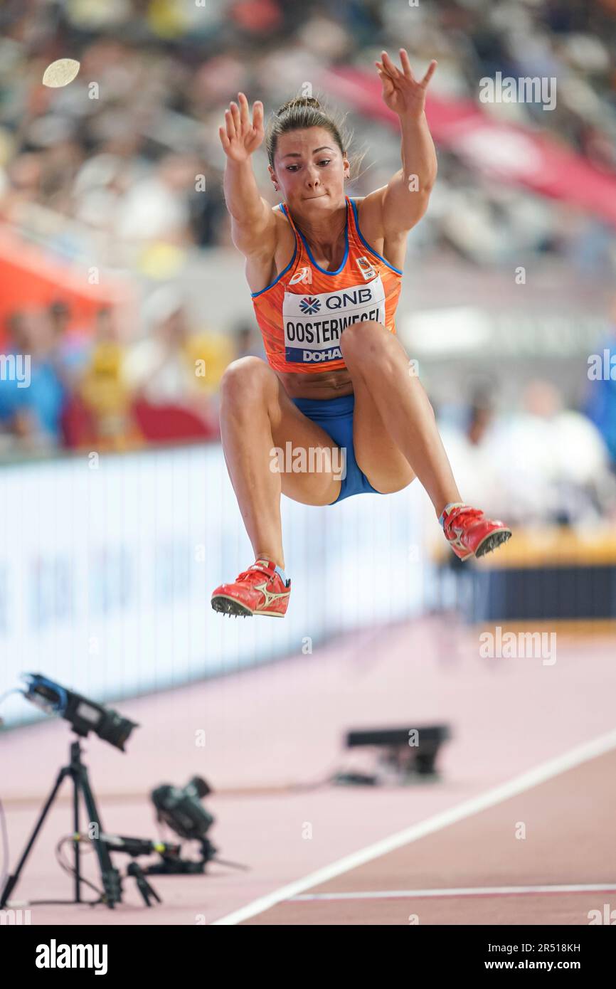 Emma Oosterwegel in the triple jump in the heptathlon at the Doha 2019 ...