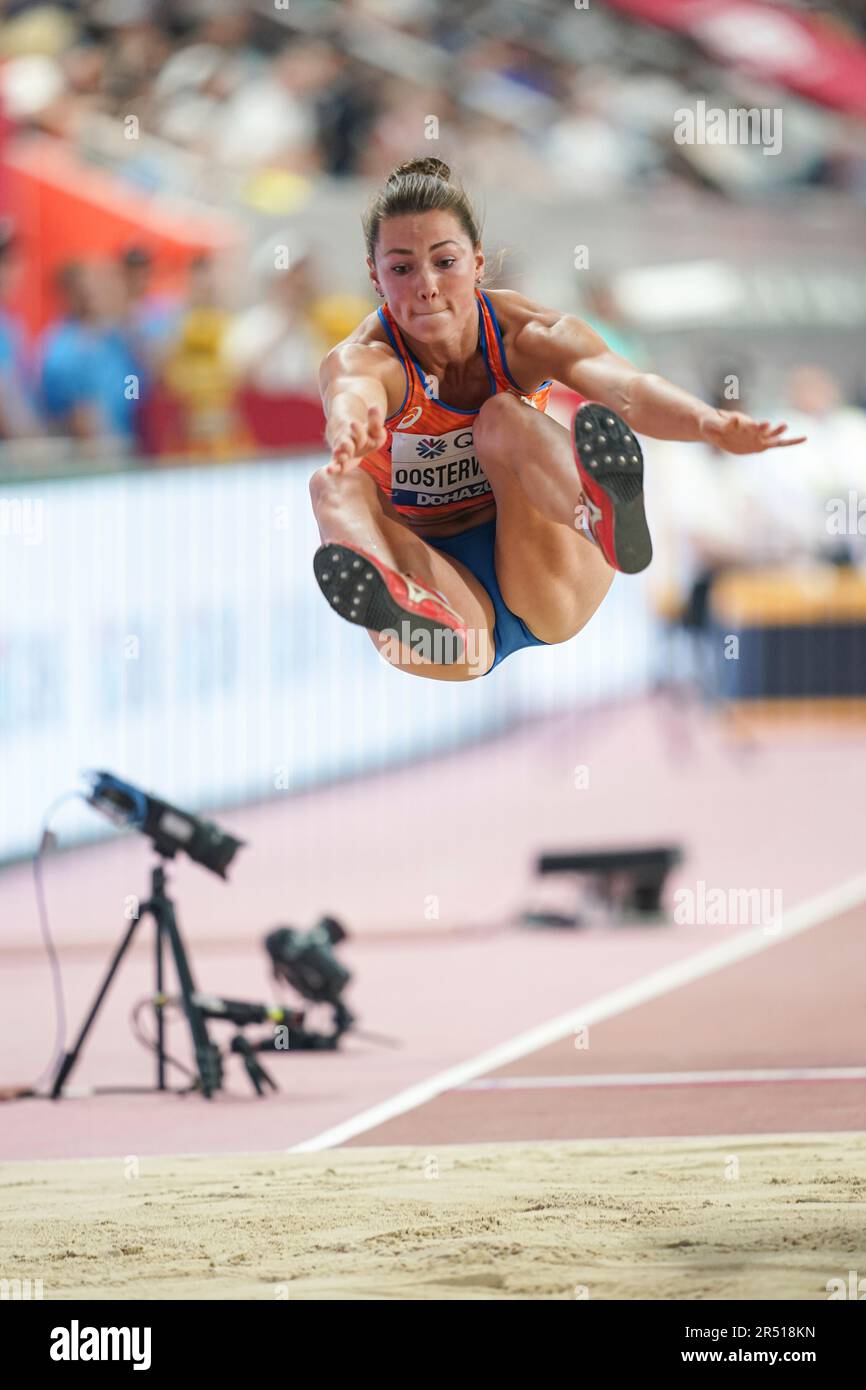 Emma Oosterwegel in the triple jump in the heptathlon at the Doha 2019 ...