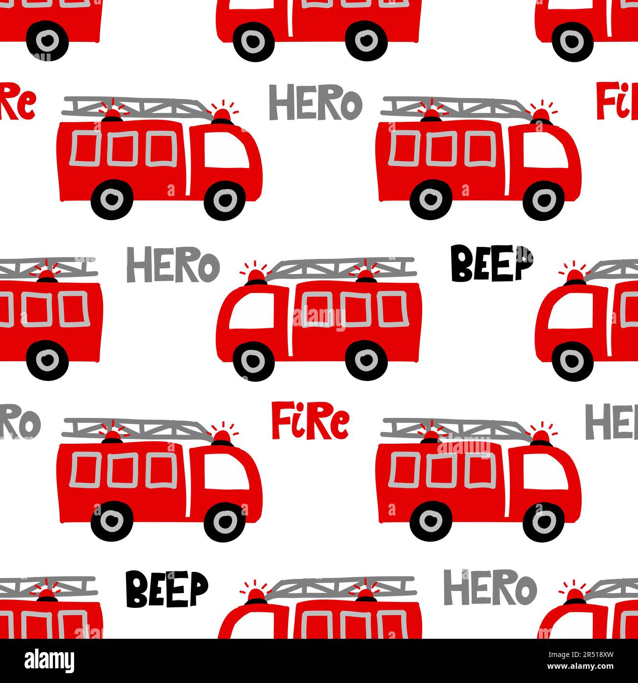 Firetruck pattern design - funny hand drawn doodle, seamless pattern ...