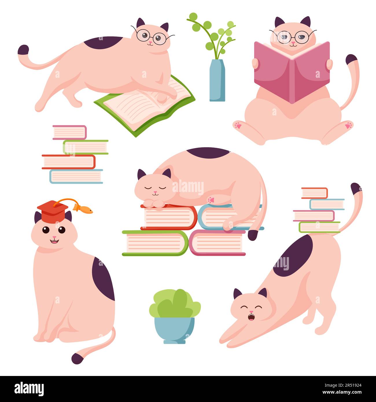Cat character study flat collection. Set of smart cat characters ...