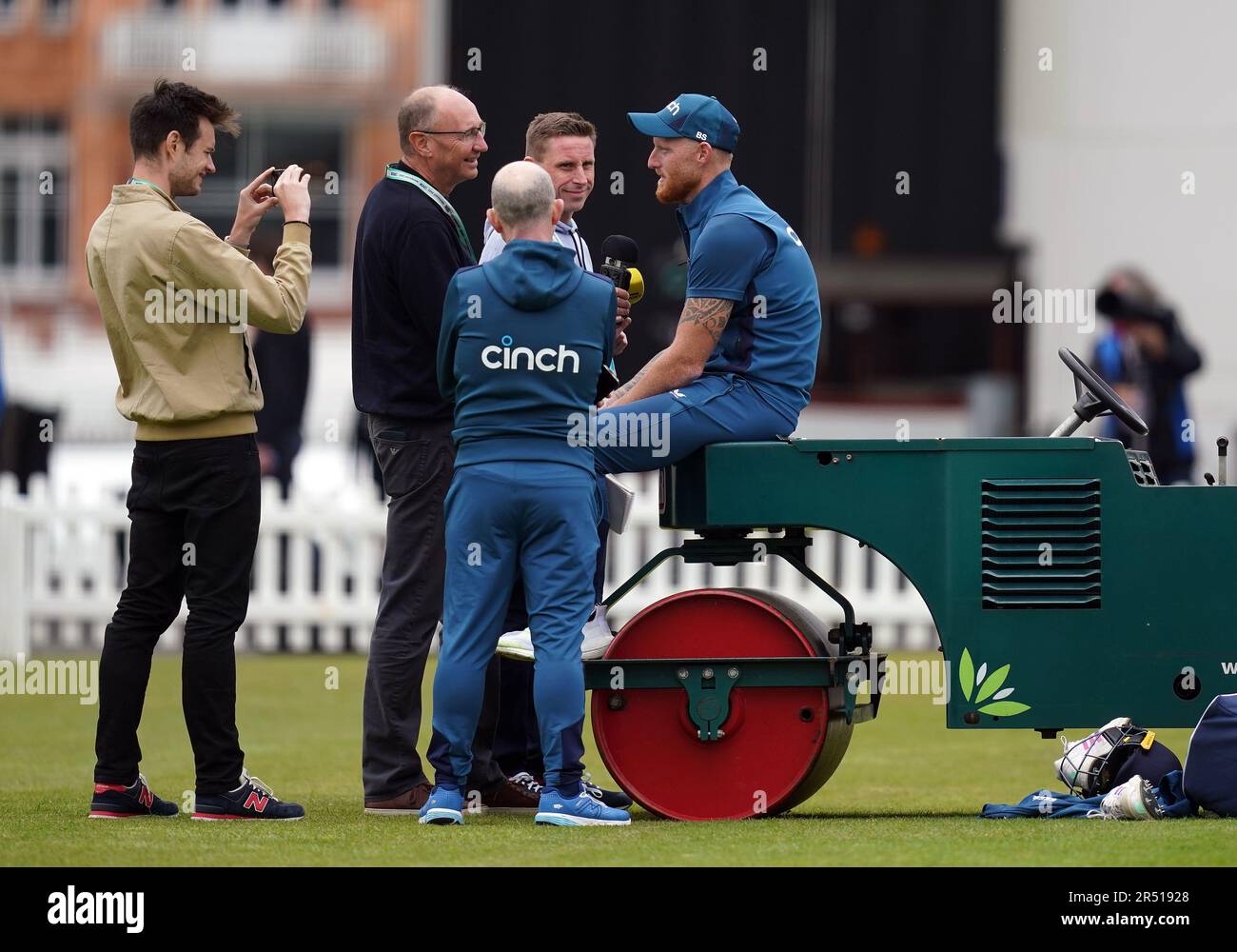 England's Ben Stokes is interviewed whilst sitting on a roller by ...