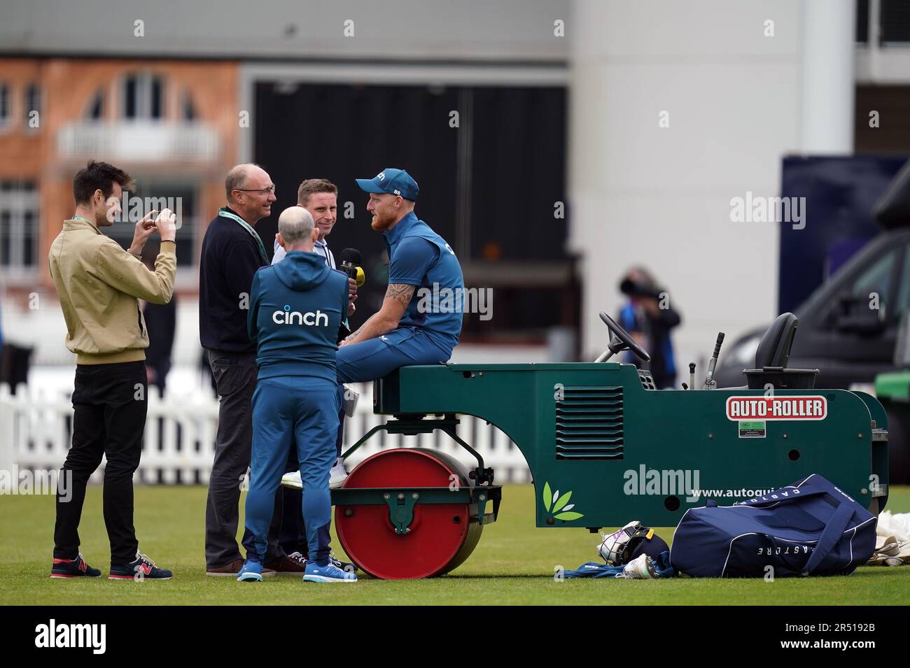 England's Ben Stokes is interviewed whilst sitting on a roller by ...