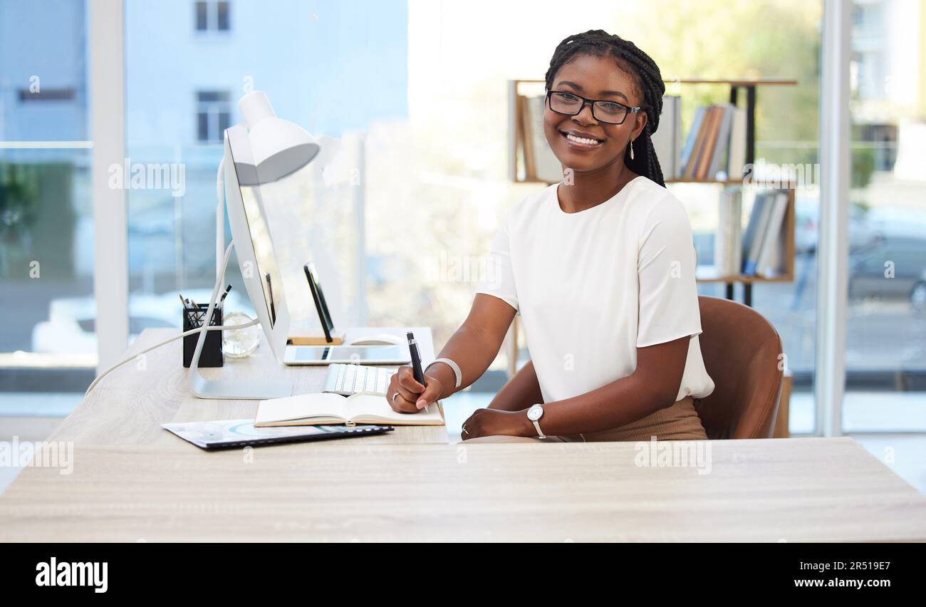 Portrait, business and black woman writing, planning and ideas for ...