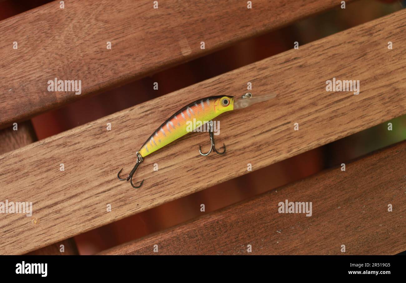 wobbler bait in the form of a small bright fish with triple hooks for ...