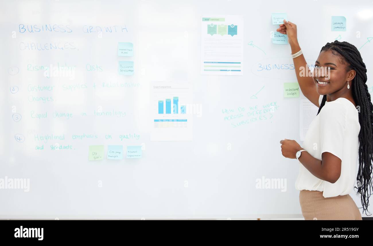 Whiteboard, portrait and woman presentation, planning and financial ...