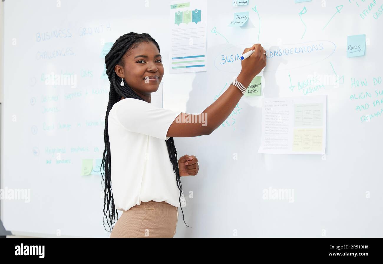 Planning portrait, brainstorming and a black woman on a whiteboard for ...