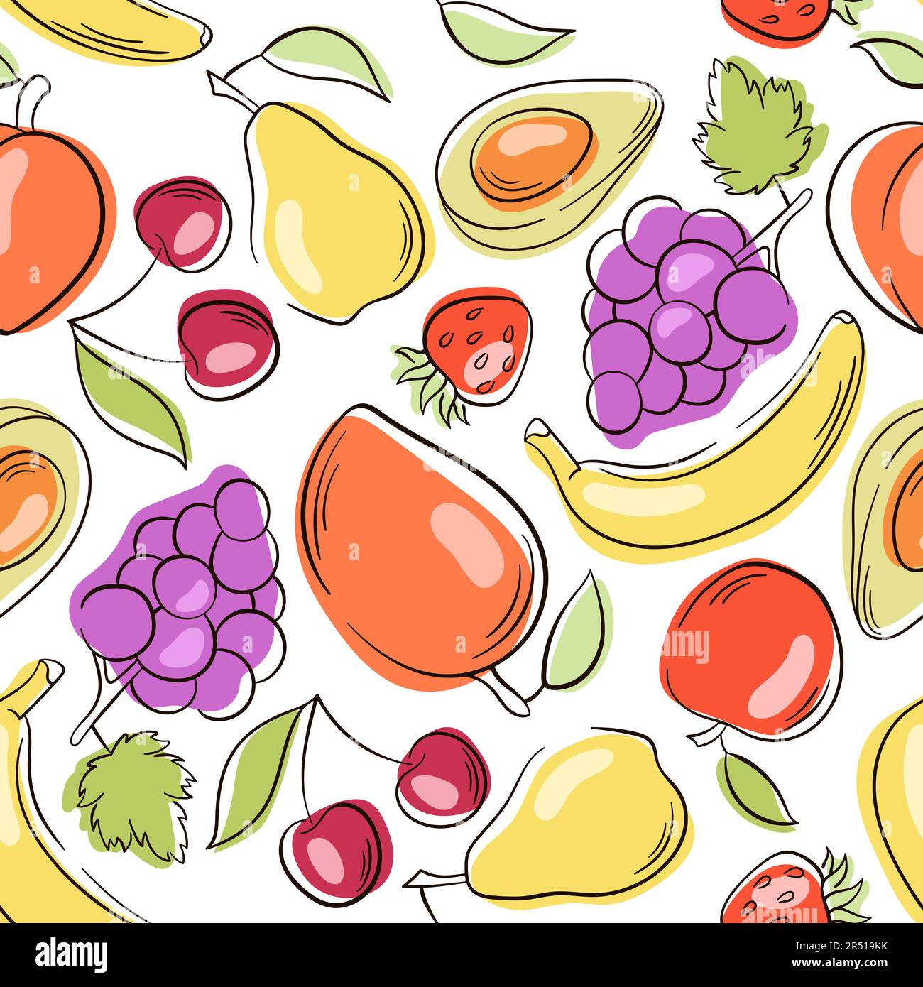 Fruits line doodle style pattern. Seamless pattern with hand drawn ...