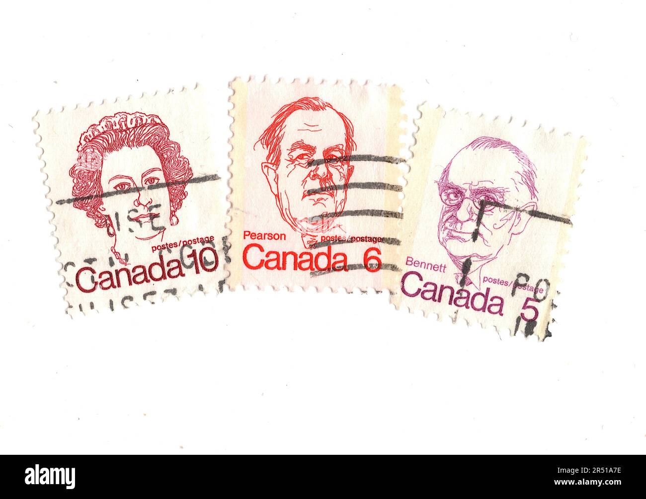 Vintage postage stamps from Canada featuring portraits isolated on a ...