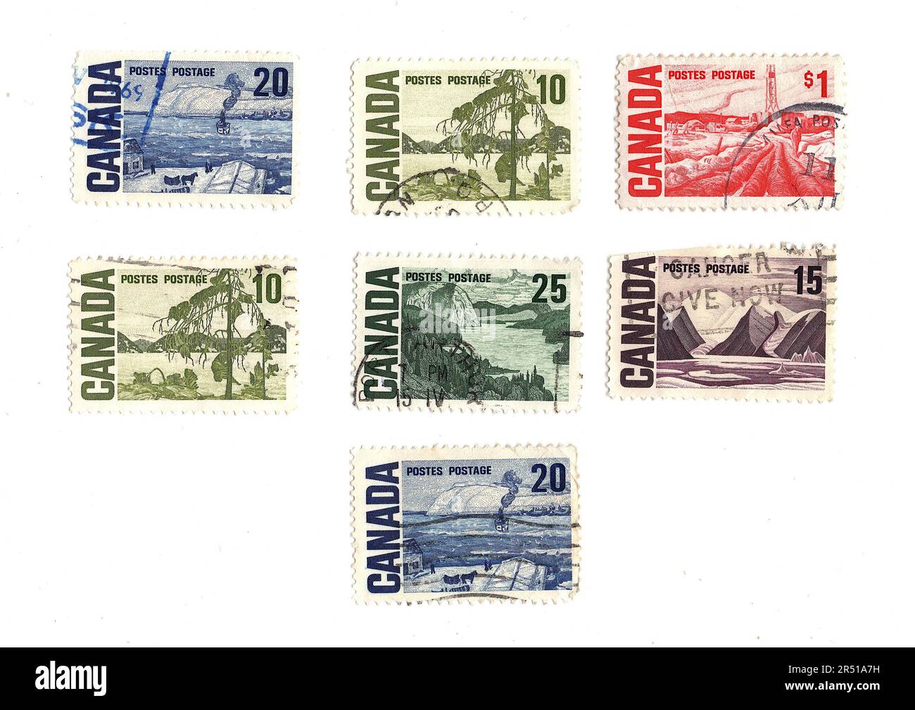 Vintage postage stamps from Canada featuring landscapes isolated on a ...