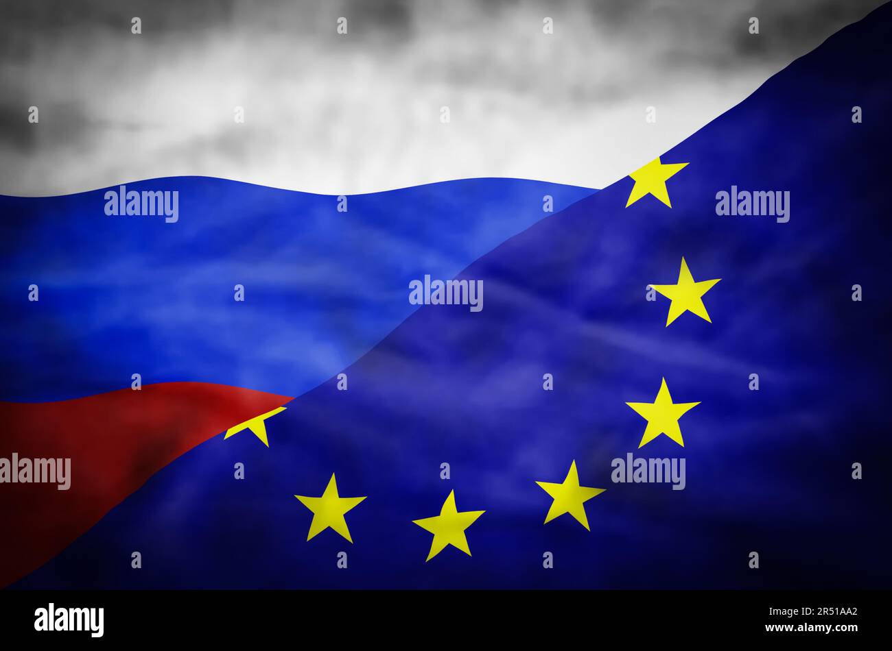 Russia and European Union mixed flag. Wavy flag of Russia and European ...