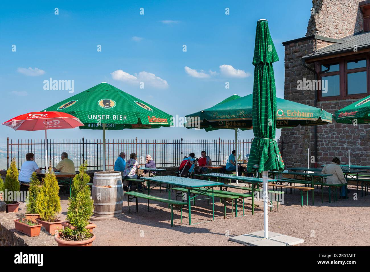 Beer garden in the courtyard of the ruins of Madenburg, Eschbach ...