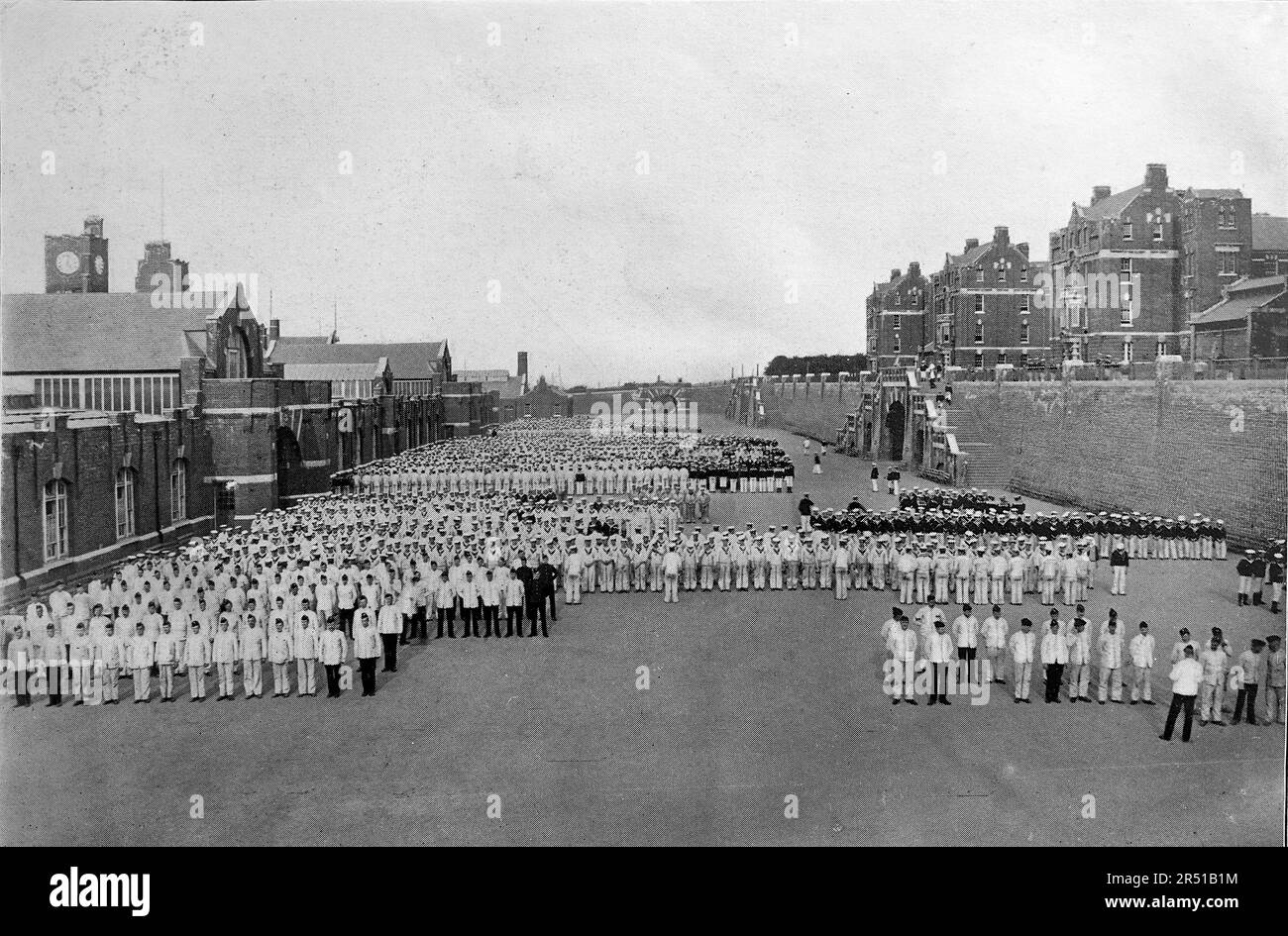 RN Barracks Chatham, c1904. Evening Quarters: The parade ground with ...