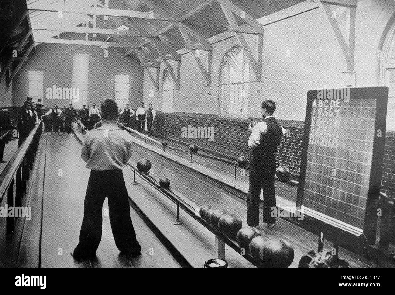 RN Barracks Chatham, c1904. Bowling Alley: Recreational area in use by ...