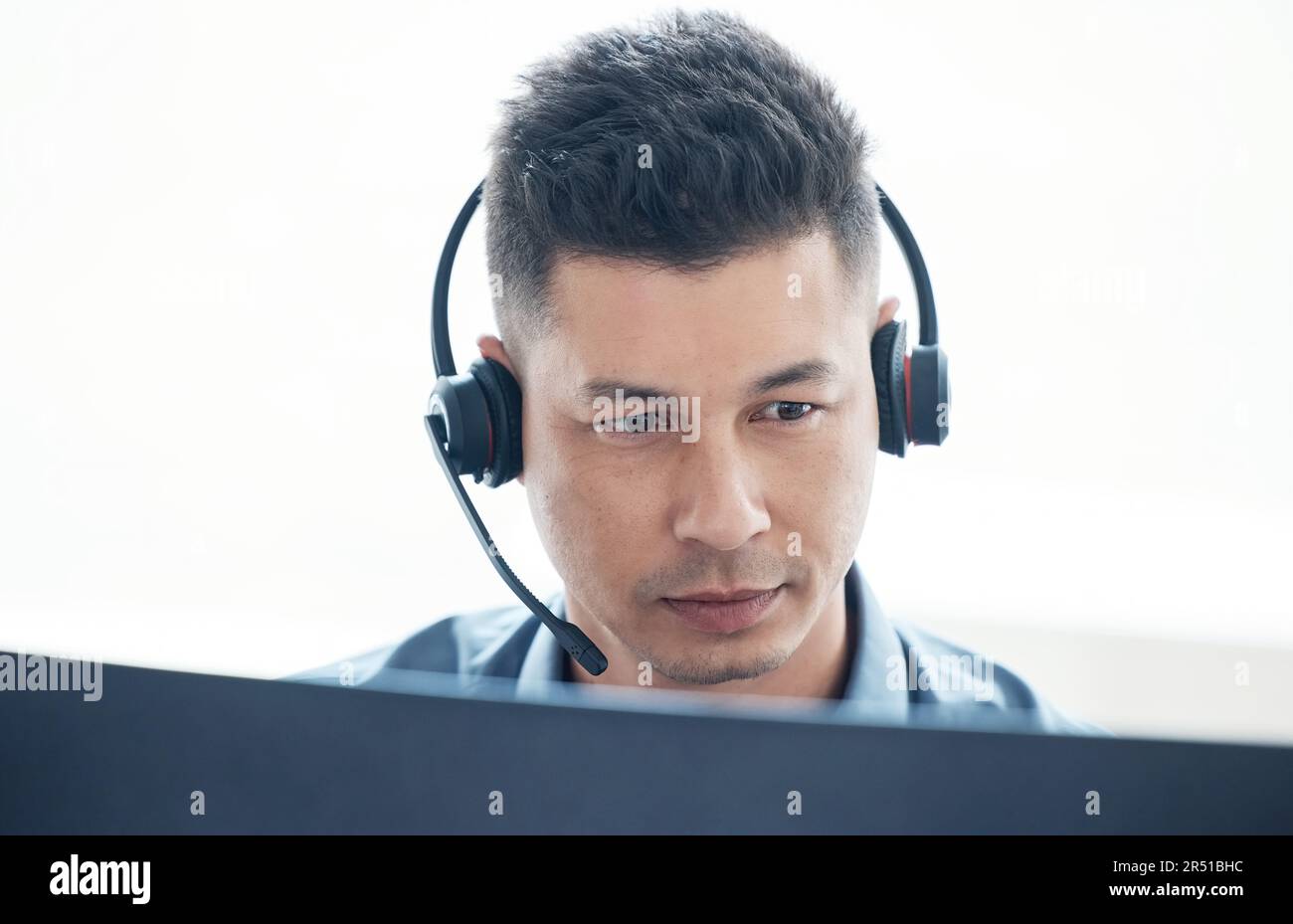 Man, face with callcenter and phone call, CRM and headset for ...