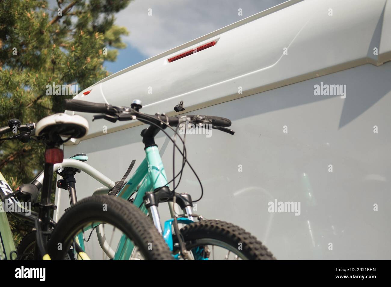 Bicycles are mounted on the motorhome. The concept of travel Stock ...