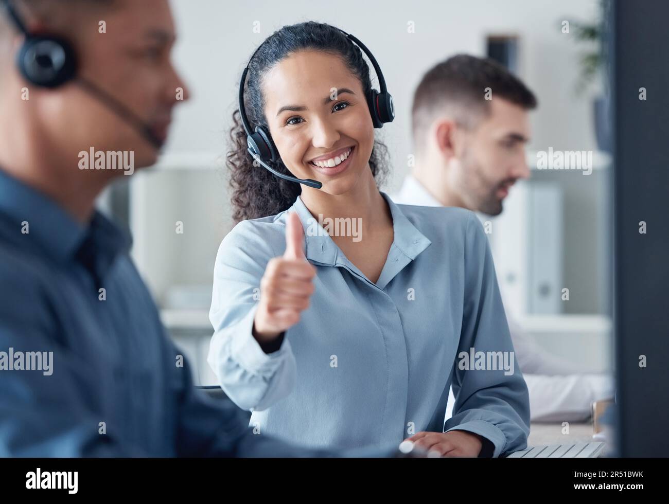 Woman at callcenter, thumbs up in portrait and CRM, communication of ...