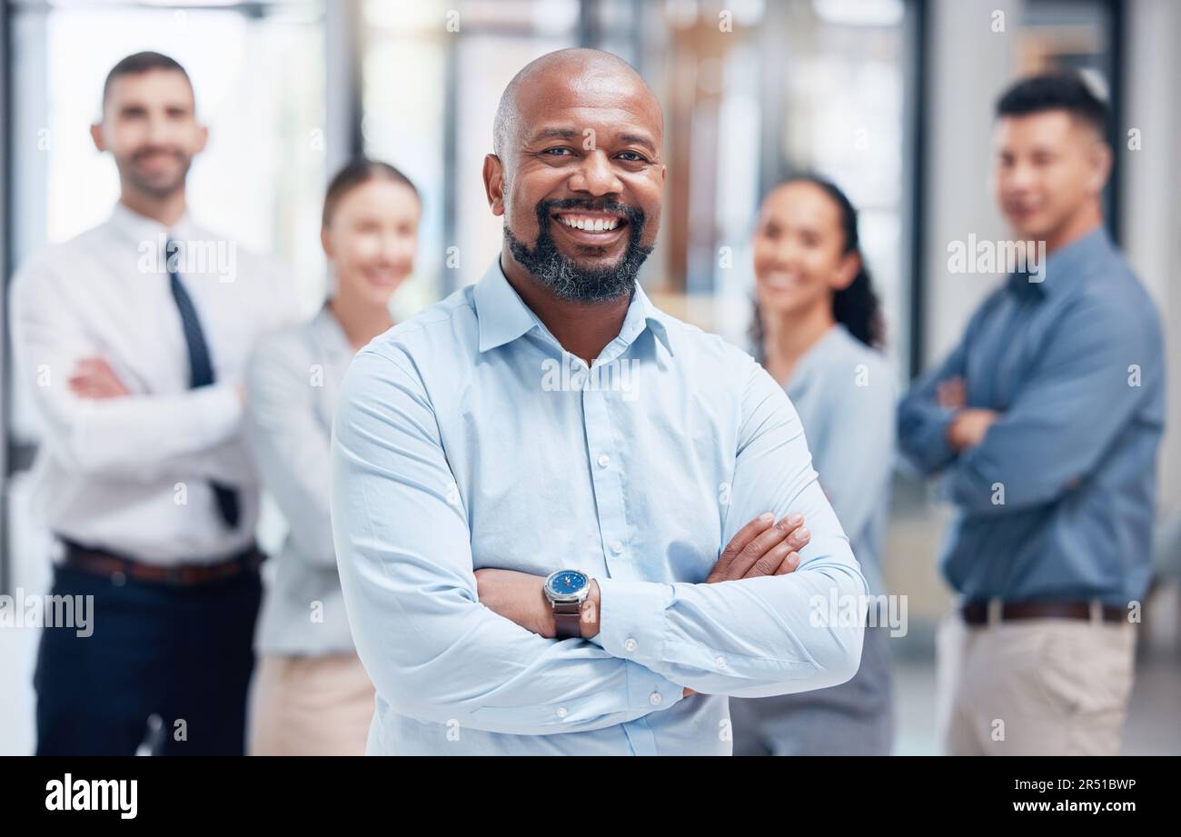 Smile, business people in portrait with black man and confidence at project management company ...