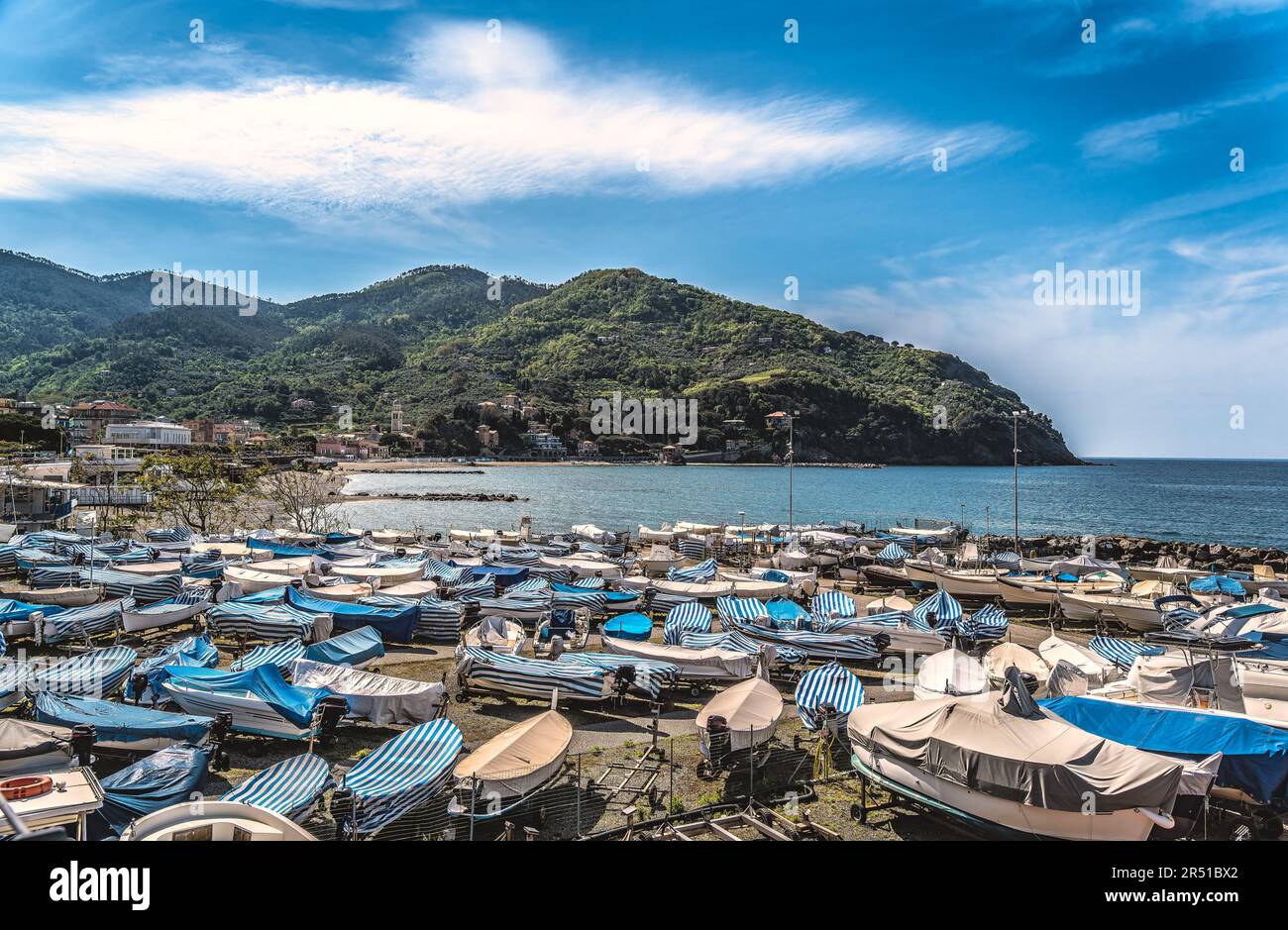 Coastline with ocean and rock formationas in Levanto, Cinque Terre ...