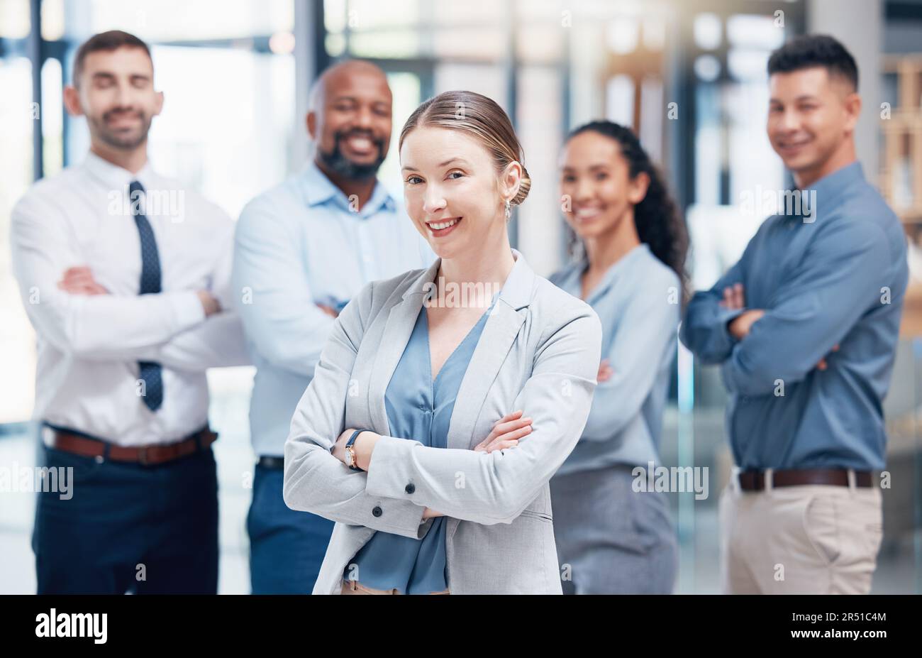 Smile, business people in portrait with woman leader, confidence and pride at project management ...