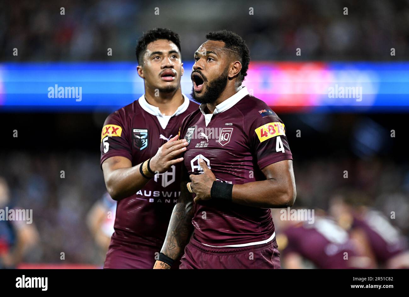 Hamiso Tabuai-Fidow of the Maroons (right) recovers during State of ...