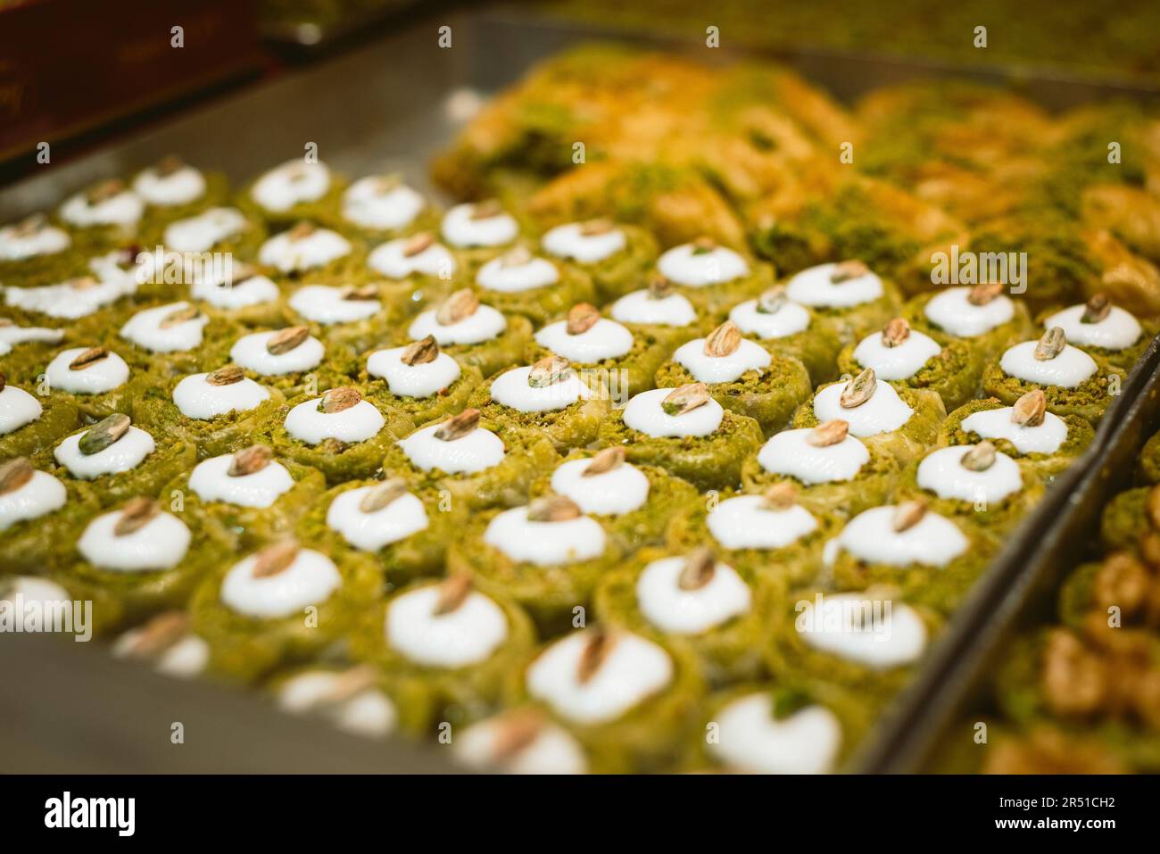 Traditional Turkish Baklava on display in dessert store. Turkish ...