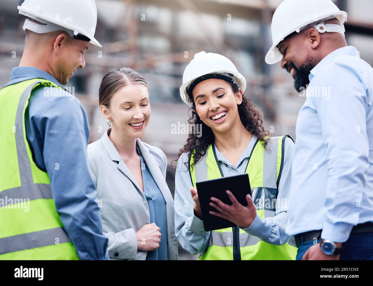 Construction, building and group with architect on tablet, project ...