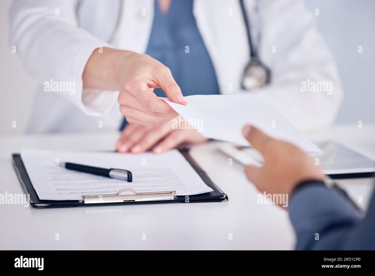 Doctor, hands and customer with documents for prescription or ...