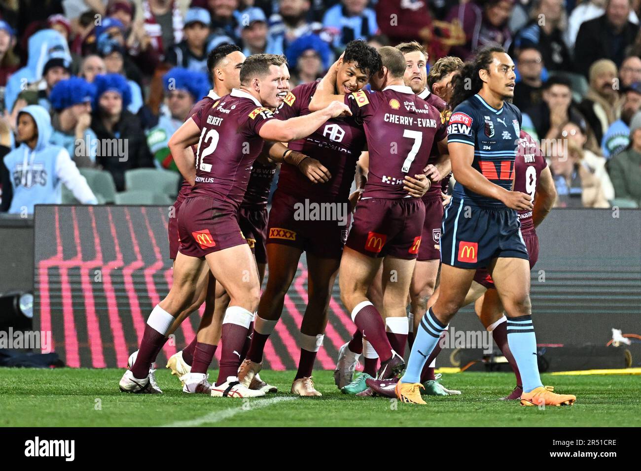 Selwyn Cobbo of the Maroons celebrates with Daly Cherry-Evans and his ...