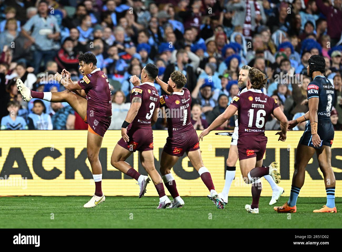 Selwyn Cobbo of the Maroons celebrates his try during State of Origin ...