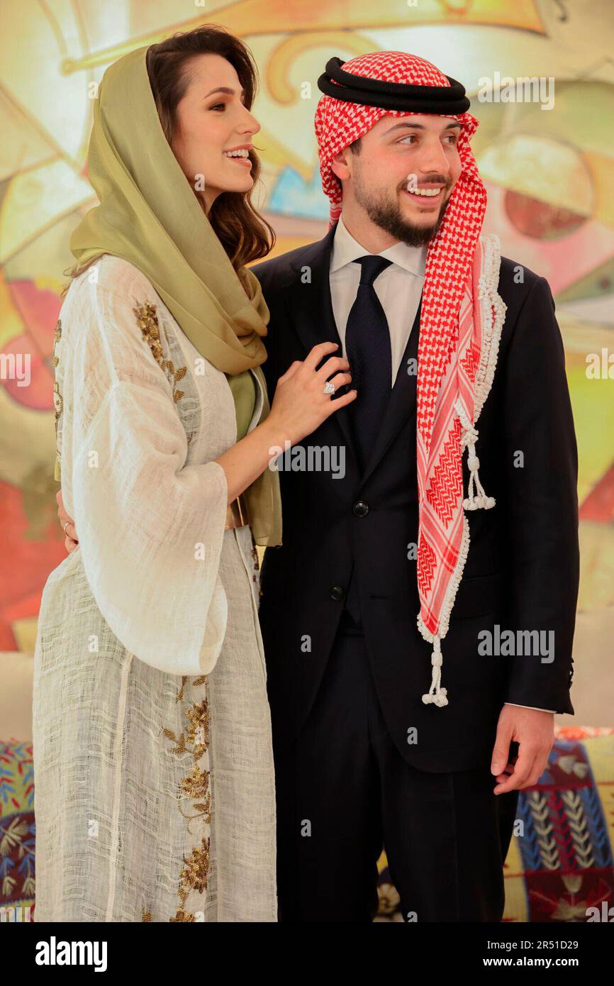 Crown Prince Al Hussein bin Abdullah II of Jordan and Miss Rajwa Alseif, on May 31, 2023 Photo ...