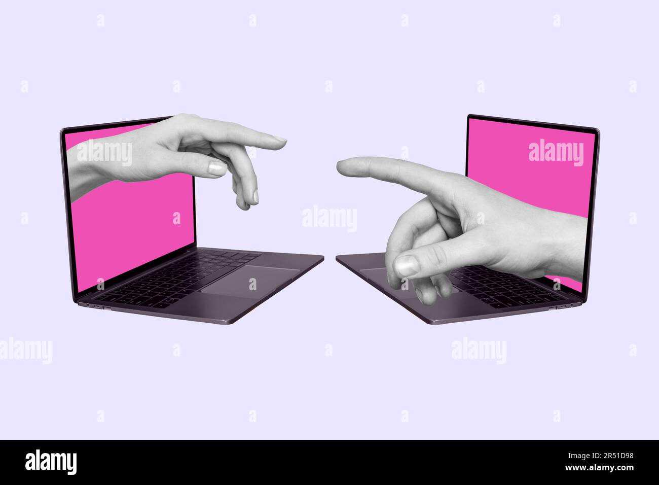 Poster banner collage of two human hands appear from netbook screen ...
