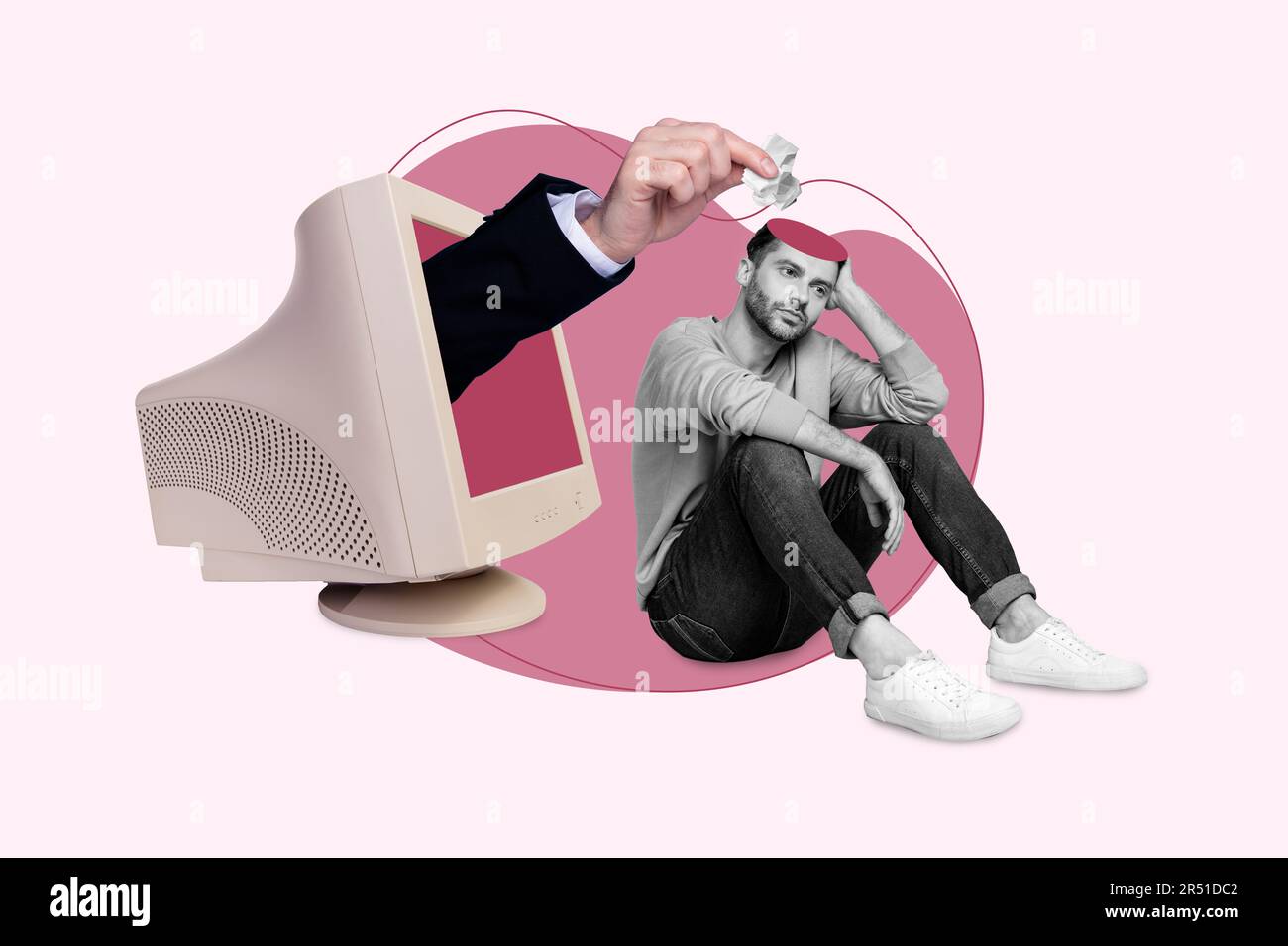 Funny collage illustration metaphor of frustrated depressed man head ...