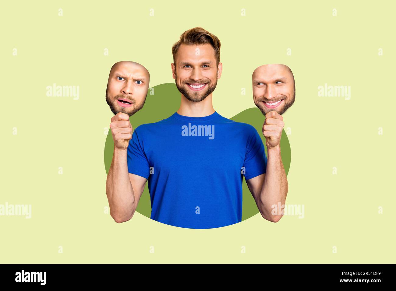 Vertical collage picture artwork image of cheerful positive man hold ...