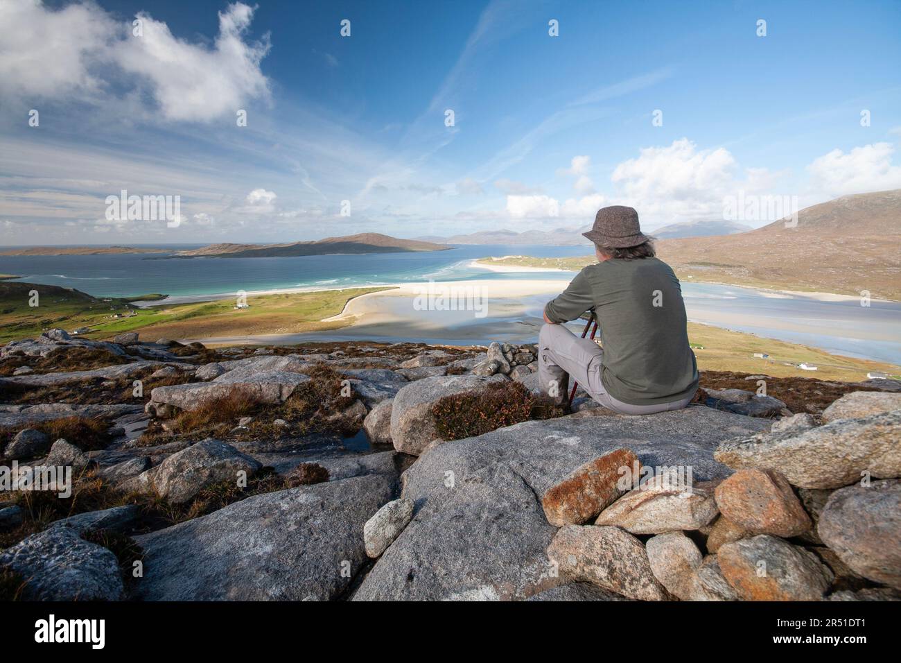Walker on The Hebridean Way resting on the summit of Carran in South ...